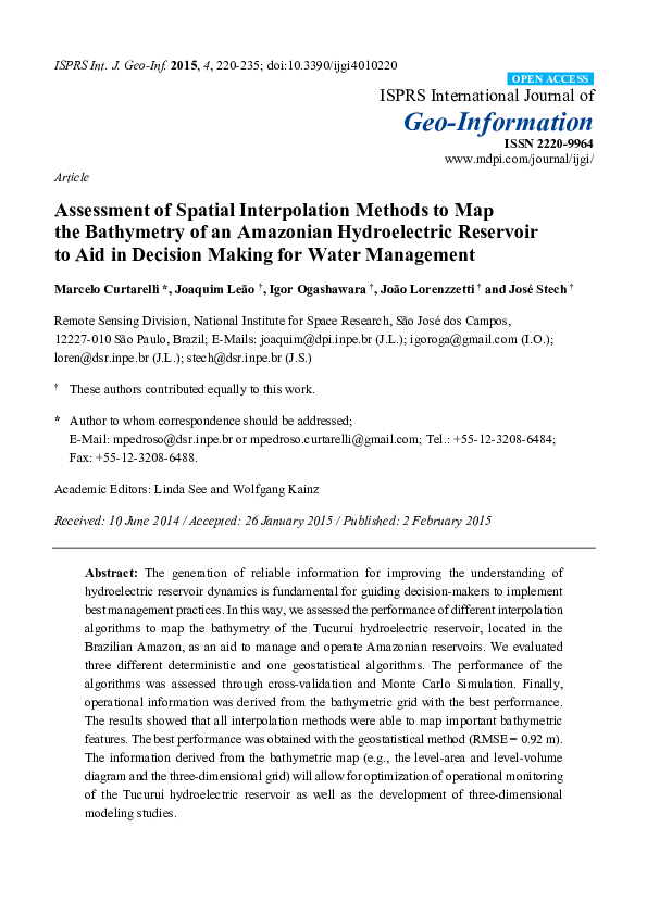 (PDF) Assessment of Spatial Interpolation Methods to Map the Bathymetry of an Amazonian ...