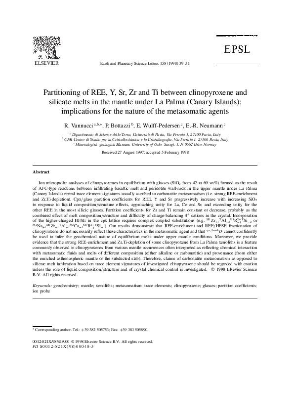 (PDF) Partitioning of REE, Y, Sr, Zr and Ti between clinopyroxene and silicate melts in the ...