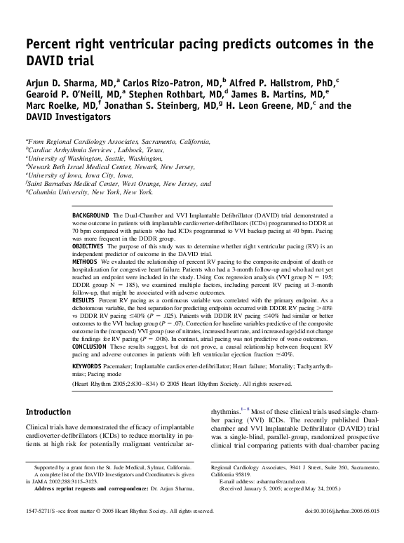 (PDF) Percent right ventricular pacing predicts outcomes in the DAVID trial