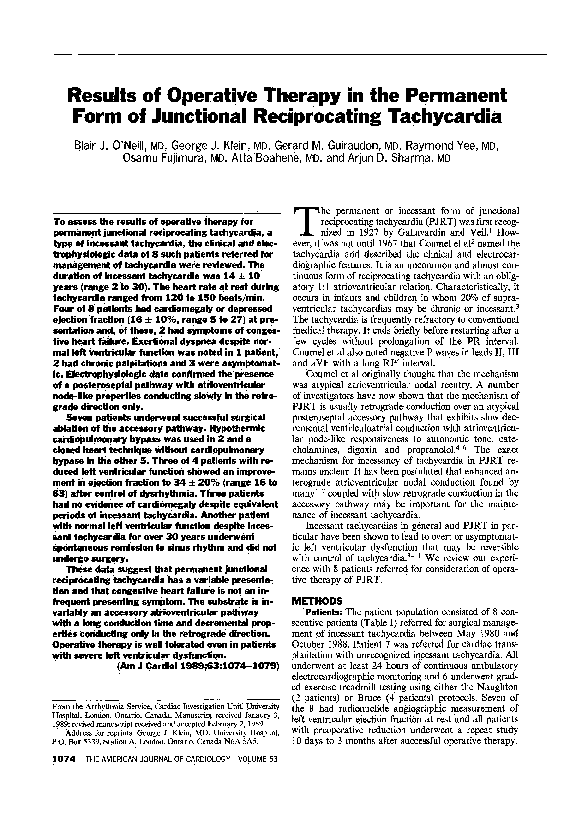 (PDF) Results of operative therapy in the permanent form of junctional reciprocating tachycardia