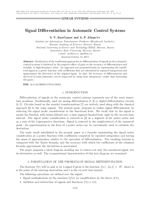 (PDF) Signal Differentiation in Automatic Control Systems
