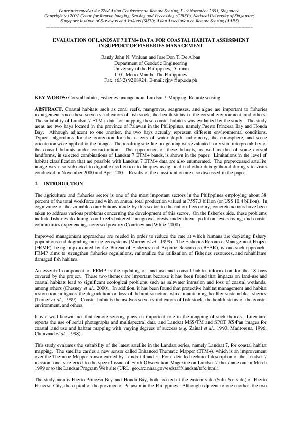 (PDF) Evaluation of Landsat 7 ETM+ data for coastal habitat assessment in support of fisheries ...