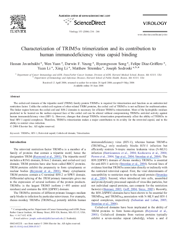 (PDF) Characterization of TRIM5α trimerization and its contribution to ...