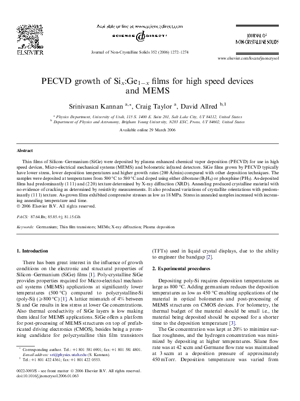 (PDF) PECVD growth of Six:Ge1−x films for high speed devices and MEMS