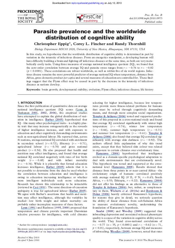 (PDF) Parasite prevalence and the worldwide distribution of cognitive ...