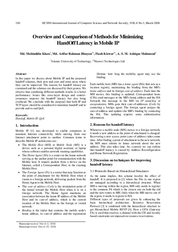 (PDF) Overview and Comparison of Methods for Minimizing HandOff Latency in Mobile IP