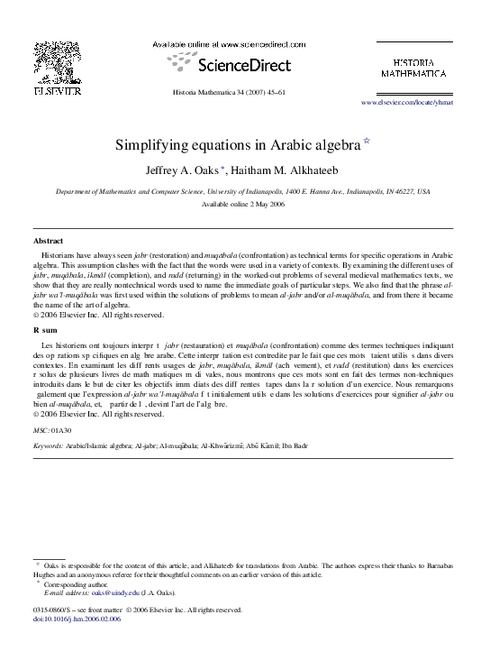 (PDF) Simplifying equations in Arabic algebra