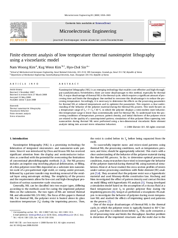 (PDF) Finite element analysis of low temperature thermal nanoimprint lithography using a ...
