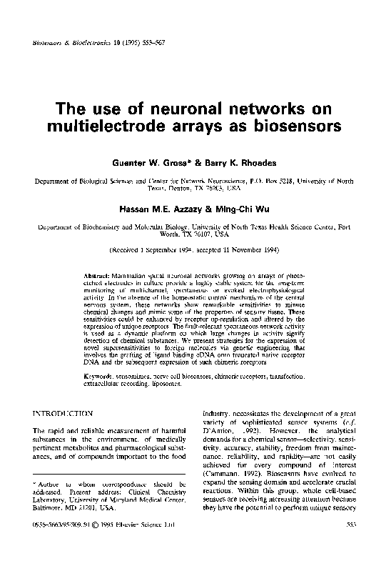 Pdf The Use Of Neuronal Networks On Multielectrode Arrays As Biosensors