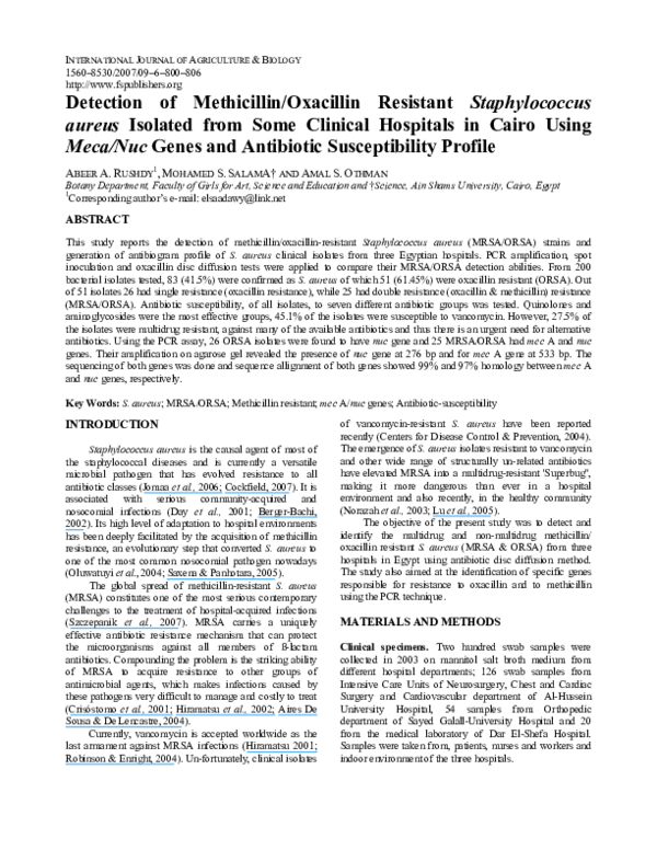 (PDF) Detection of Methicillin/Oxacillin Resistant Staphylococcus aureus Isolated from Some ...