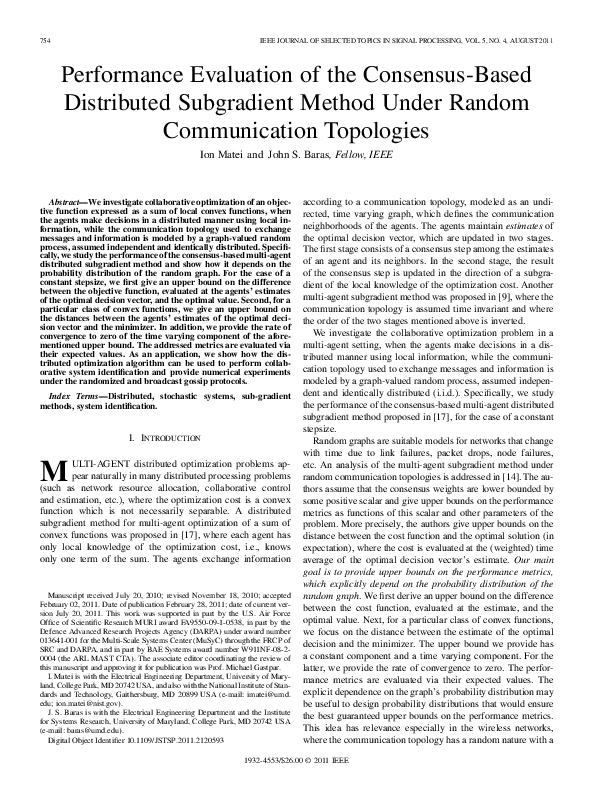 (PDF) Performance Evaluation of the Consensus-Based Distributed Subgradient Method Under Random ...