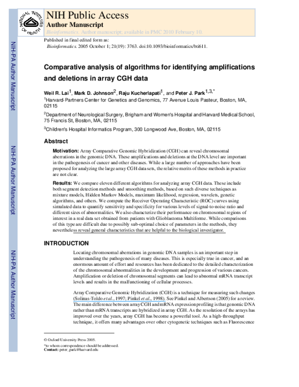 Pdf Comparative Analysis Of Algorithms For Identifying Amplifications And Deletions In Array