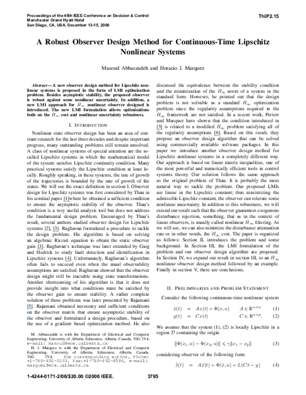 (PDF) A Robust Observer Design Method for Continuous-Time Lipschitz Nonlinear Systems