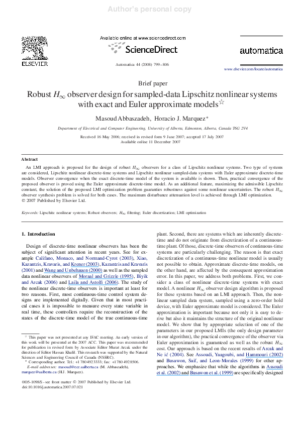 (PDF) Robust Hinfinity observer design for sampled-data Lipschitz nonlinear systems with exact ...