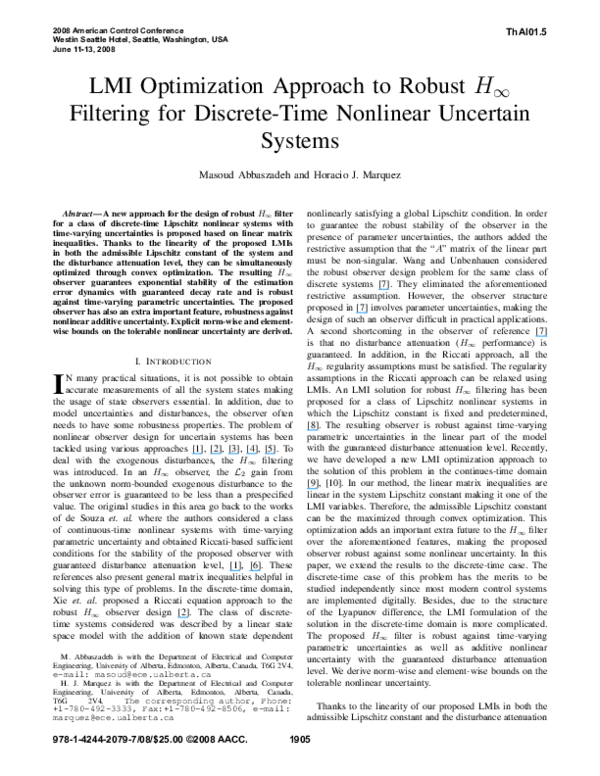 Pdf Lmi Optimization Approach To Robust H∞ Filtering For Discrete