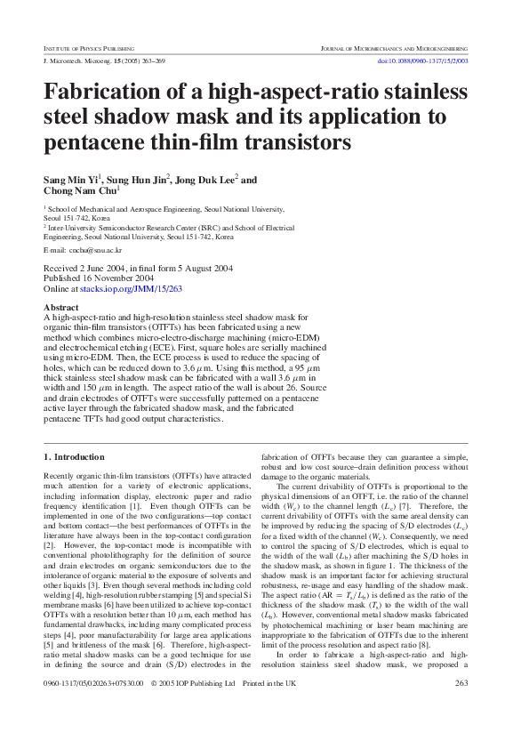 (PDF) Fabrication of a high-aspect-ratio stainless steel shadow mask ...
