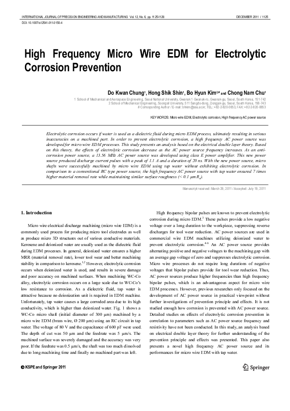 (PDF) High frequency micro wire EDM for electrolytic corrosion prevention