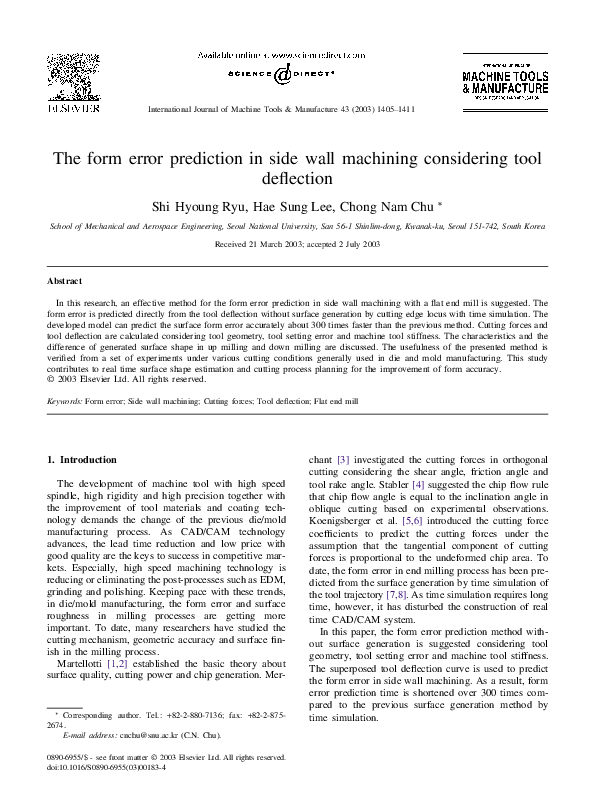 Pdf The Form Error Prediction In Side Wall Machining Considering Tool Deflection