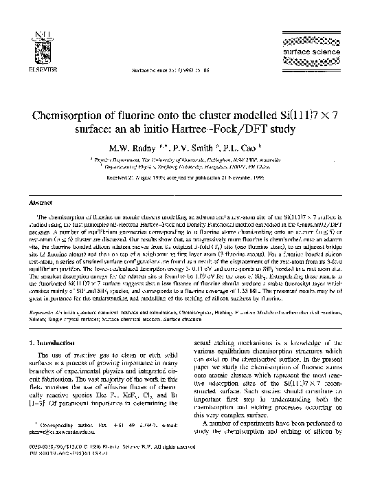 (PDF) Chemisorption of fluorine onto the cluster modelled Si(111)7 × 7 surface: an ab initio ...