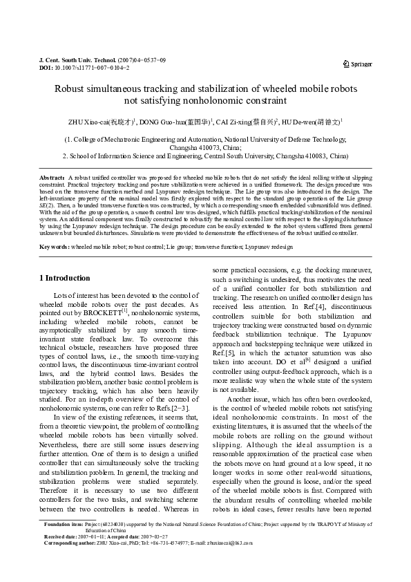 (PDF) Robust simultaneous tracking and stabilization of wheeled mobile robots not satisfying ...