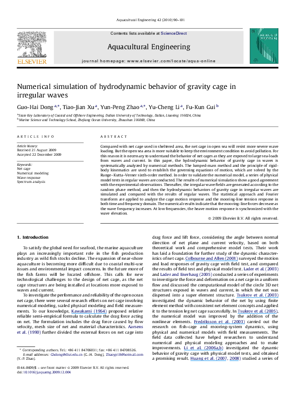 (PDF) Analysis of hydrodynamic behaviors of gravity net cage in irregular waves | Guozhu Dong ...