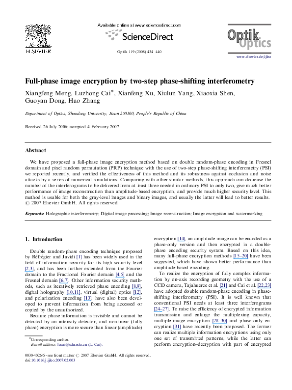 Pdf Full Phase Image Encryption By Two Step Phase Shifting Interferometry