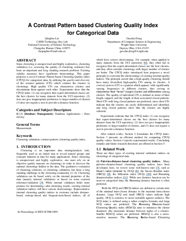 Pdf A Contrast Pattern Based Clustering Quality Index For Categorical Data