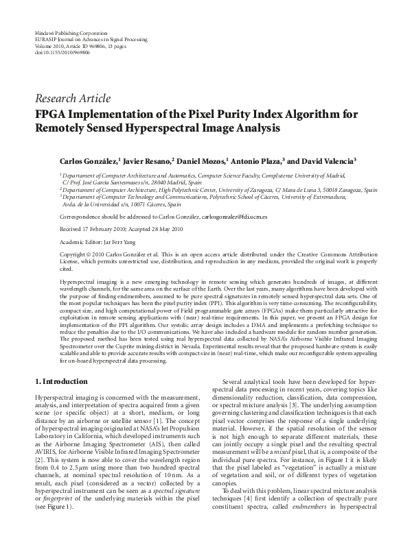 Pdf Fpga Implementation Of The Pixel Purity Index Algorithm For