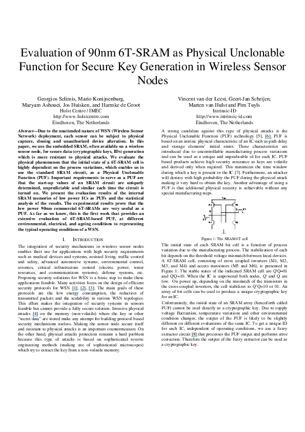 (PDF) Evaluation of 90nm 6T-SRAM as Physical Unclonable Function for secure key generation in ...
