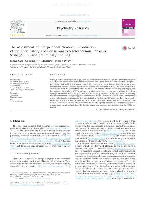 (PDF) The assessment of interpersonal pleasure: Introduction of the ...