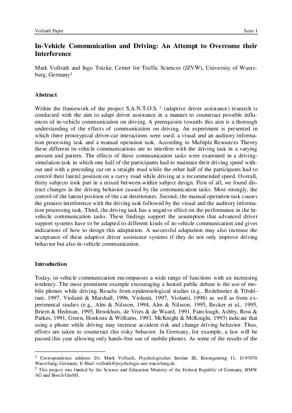 (PDF) In-Vehicle Communication and Driving: An Attempt to Overcome ...
