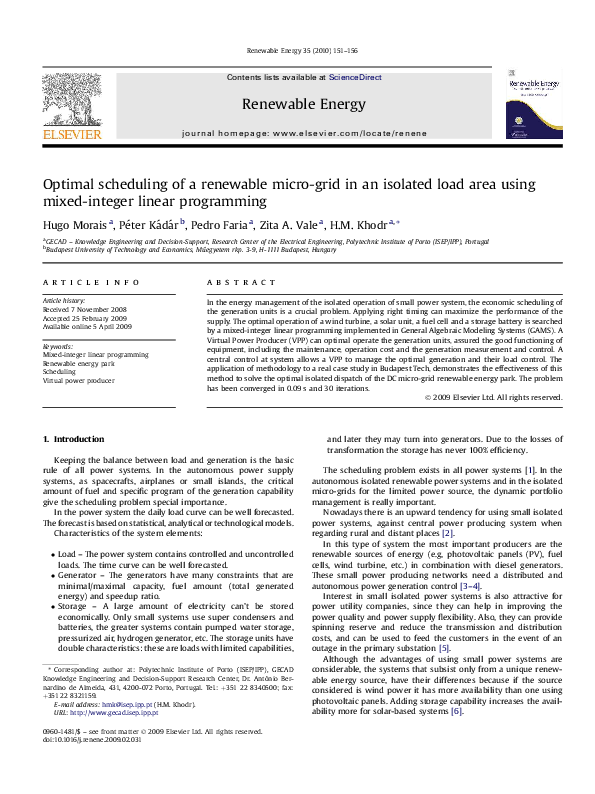 Pdf Optimal Scheduling Of A Renewable Micro Grid In An Isolated Load Area Using Mixed Integer