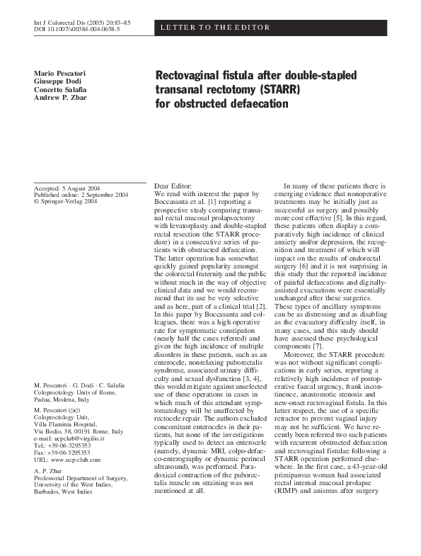 (PDF) Rectovaginal fistula after double-stapled transanal rectotomy ...