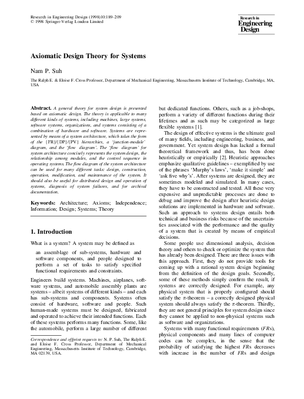 (PDF) Axiomatic Design Theory for Systems