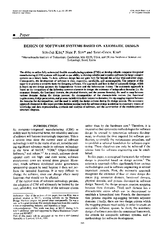 Pdf Design Of Software Systems Based On Axiomatic Design Nam Suh 
