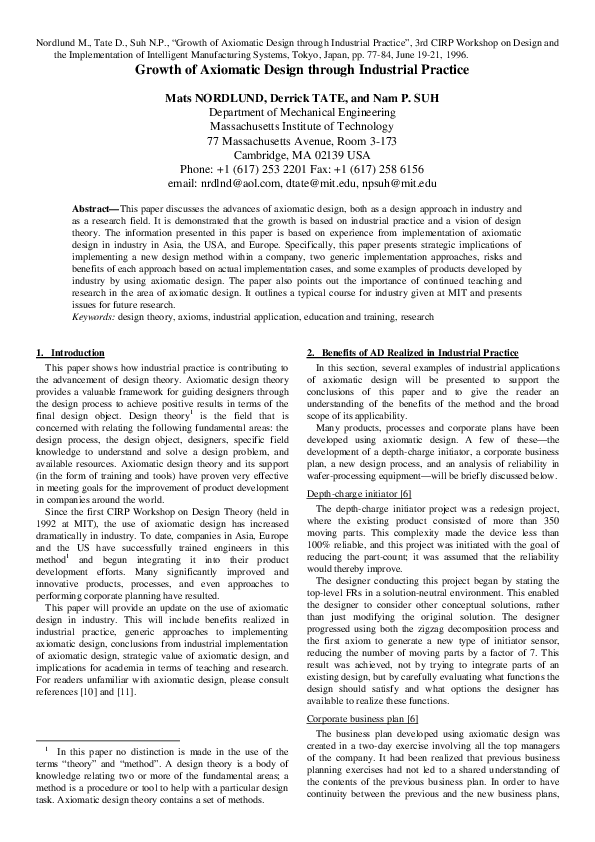 (PDF) Growth of axiomatic design through industrial practice | nam suh ...