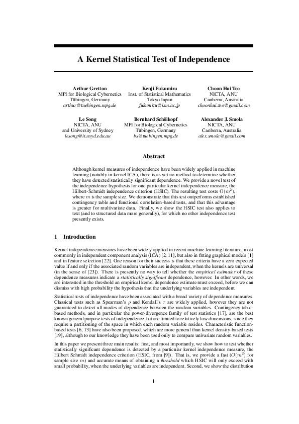 (PDF) A Kernel Statistical Test of Independence