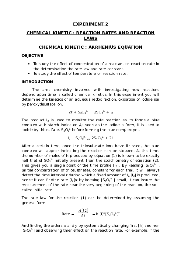 (DOC) EXPERIMENT CHEMICAL KINETIC : REACTION RATES AND REACTION LAWS ...