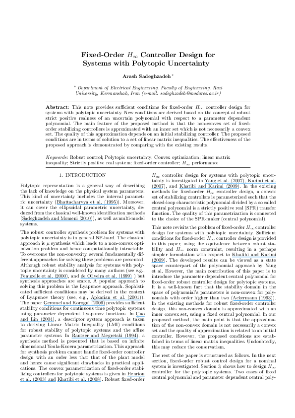 (PDF) Fixed-order H∞ controller design for systems with ellipsoidal parametric uncertainty