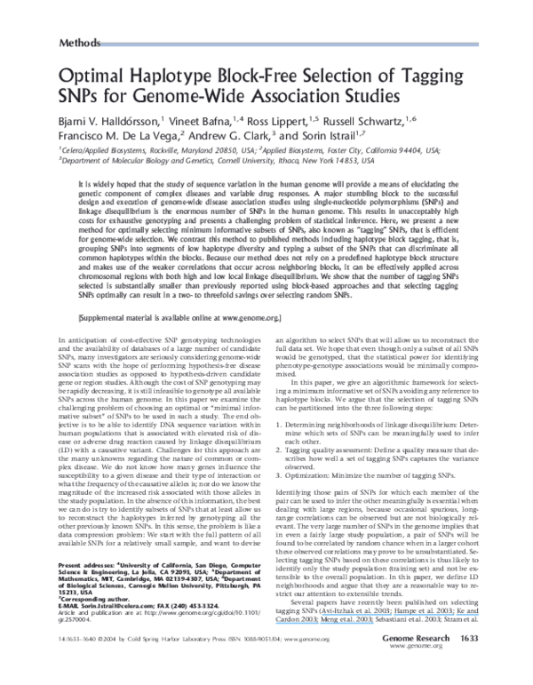 (PDF) Optimal Haplotype Block-Free Selection of Tagging SNPs for Genome-Wide Association Studies