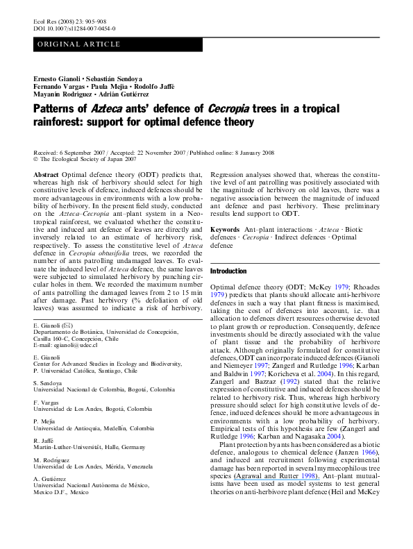 (PDF) Ant Defence Patterns in Cecropia Trees Support Optimal Defence Theory