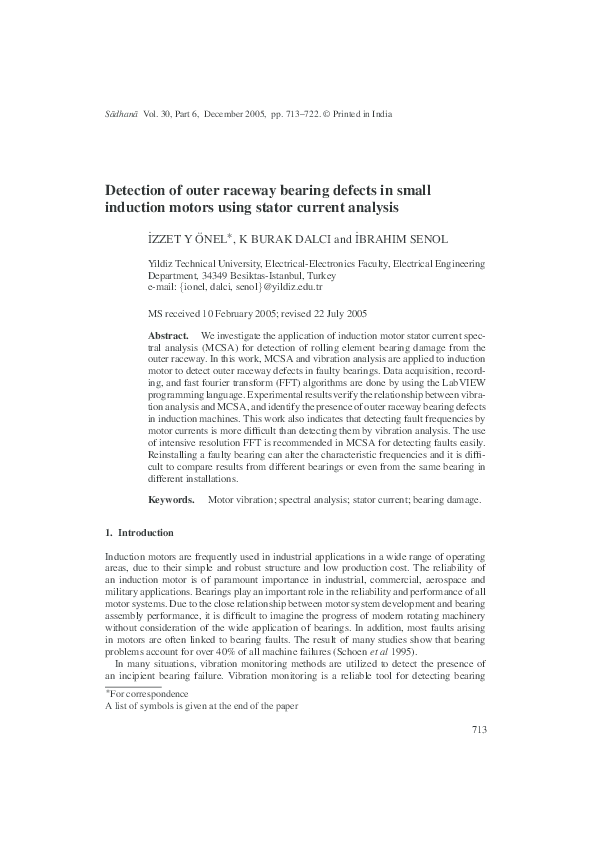 Pdf Detection Of Outer Raceway Bearing Defects In Small Induction Motors Using Stator Current