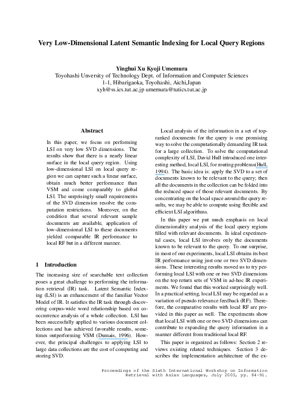 (PDF) Very low-dimensional latent semantic indexing for local query regions