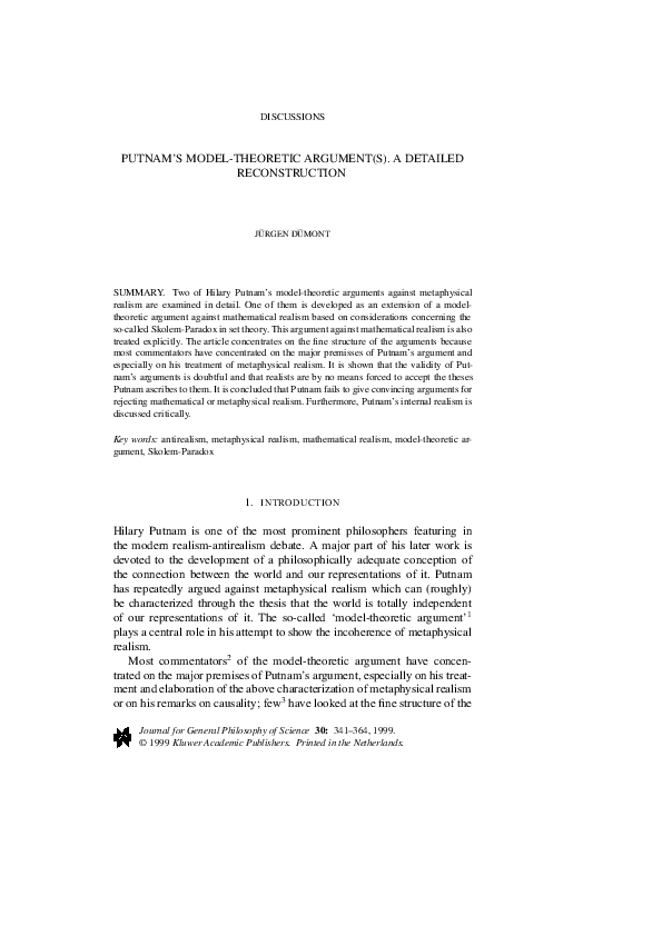 (PDF) Putnam's Model-theoretic Argument(s). A Detailed Reconstruction