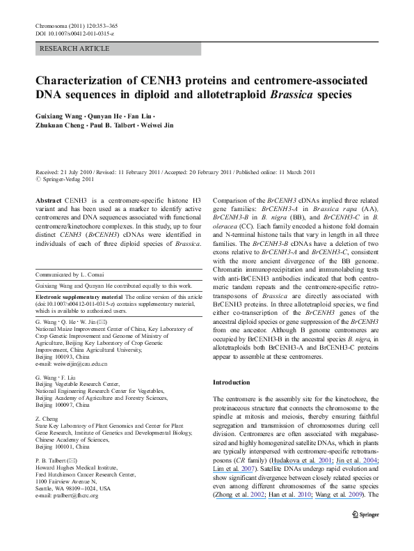 (PDF) Characterization of CENH3 proteins and centromere-associated DNA ...