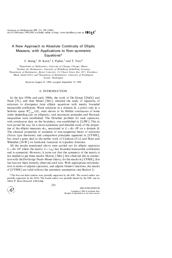 Pdf A New Approach To Absolute Continuity Of Elliptic Measure With Applications To Non