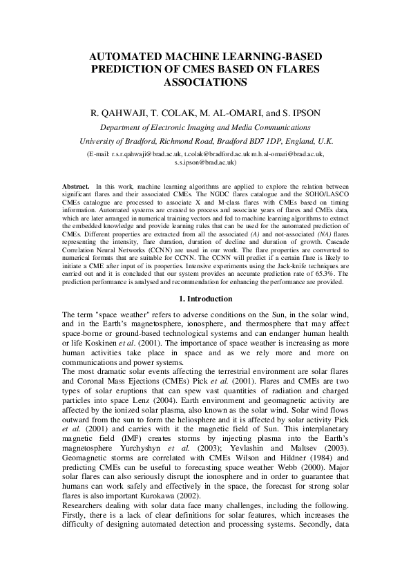 (PDF) AUTOMATED MACHINE LEARNING-BASED PREDICTION OF CMES BASED ON FLARES ASSOCIATIONS