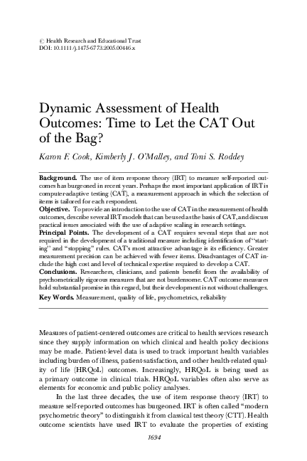 (PDF) Dynamic Assessment of Health Outcomes: Time to Let the CAT Out of ...