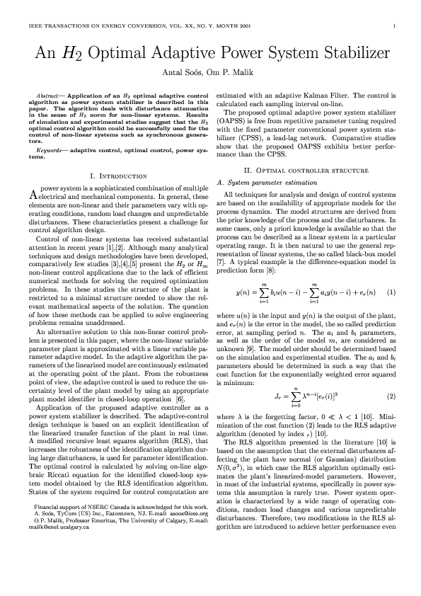 (PDF) An H2 optimal adaptive power system stabilizer