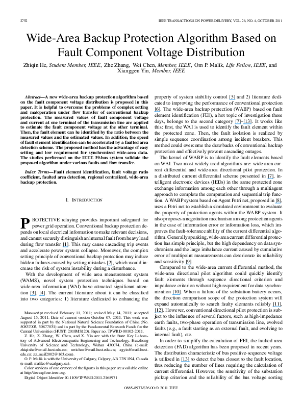 Pdf Wide Area Backup Protection Algorithm Based On Fault Component Voltage Distribution